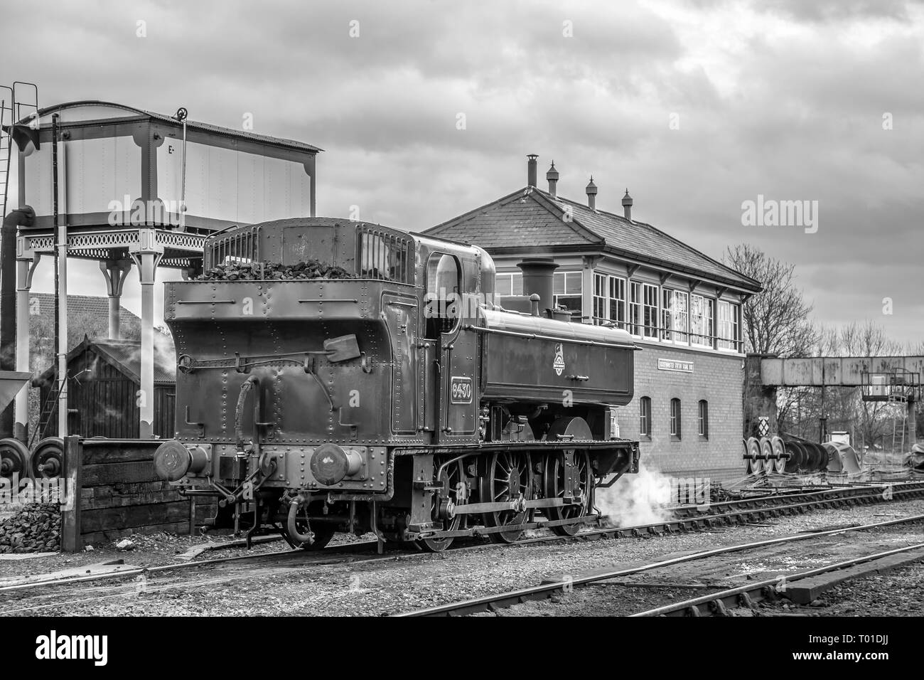 Black & white nostalgic close up: rear view of vintage steam locomotive ...