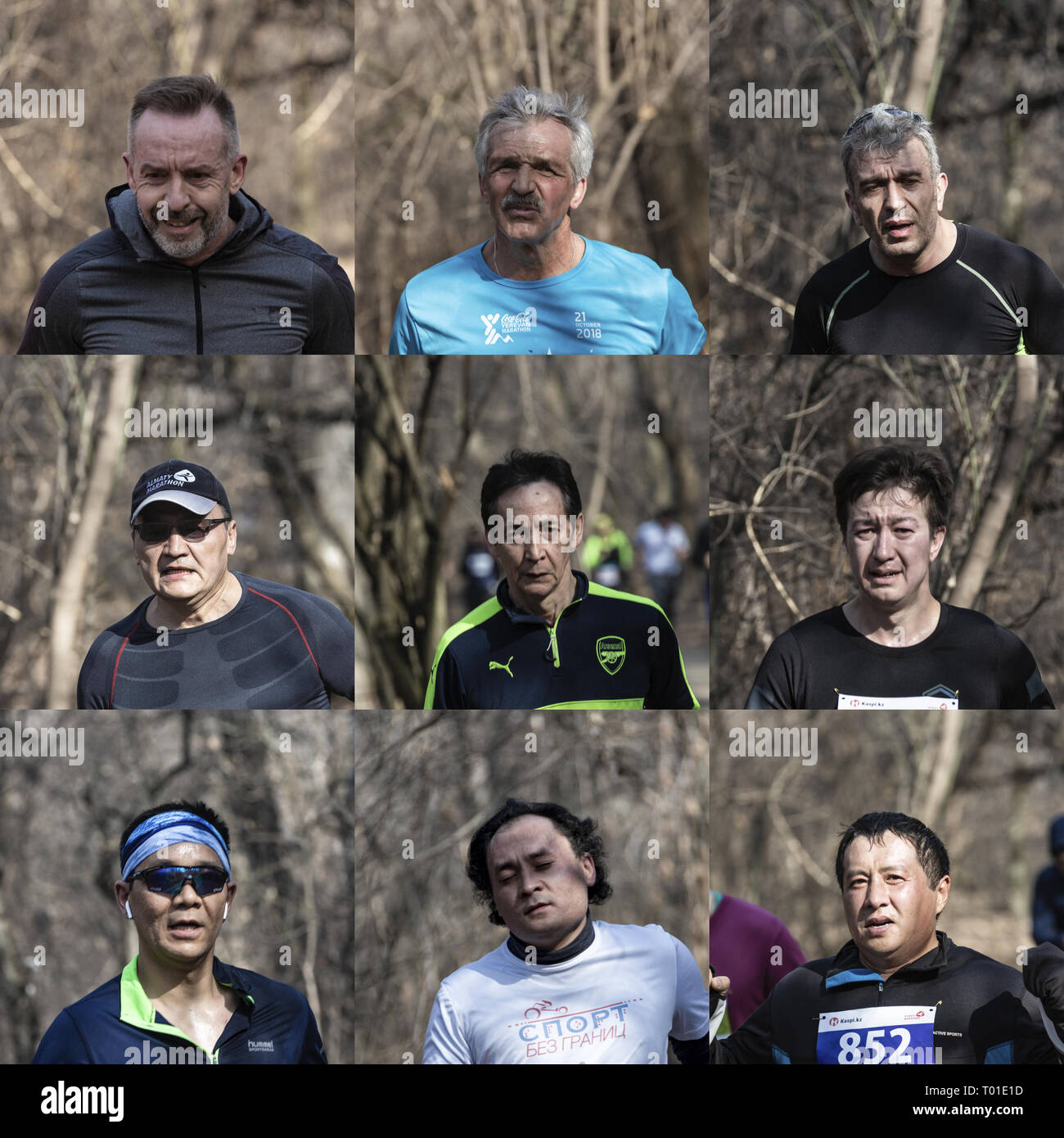 ALMATY KAZAKHSTAN - MARCH 16 2019: nine faces of marathoners with ...