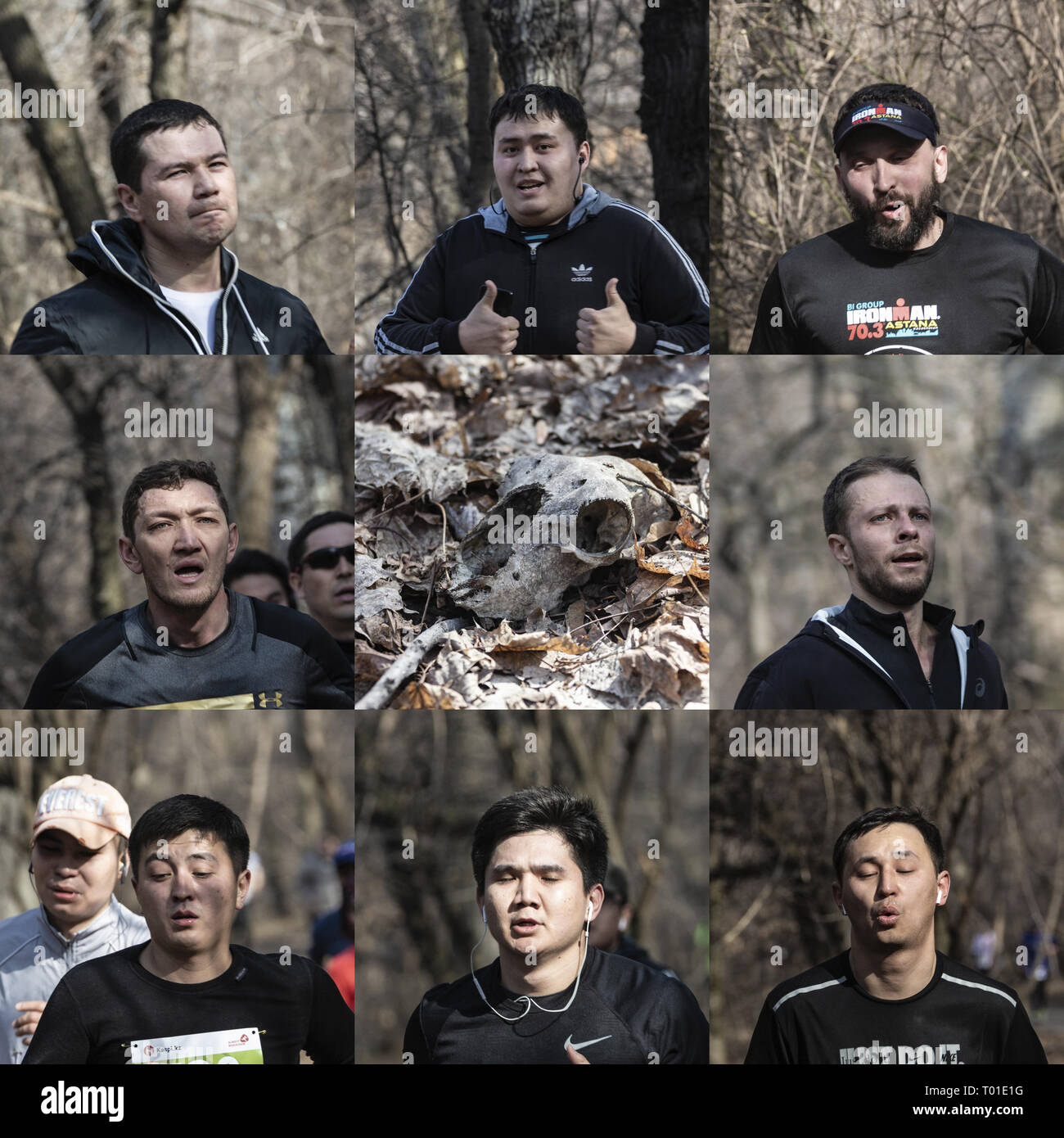 ALMATY KAZAKHSTAN - MARCH 16 2019: nine faces of marathoners with ...