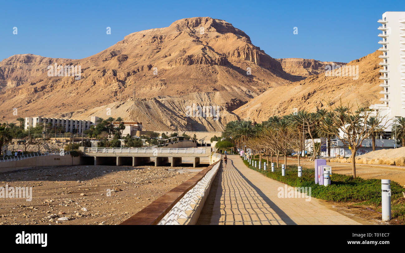 a promenade at the ein bokek resort town on the dead sea showing the flood channel of wadi bokek ...