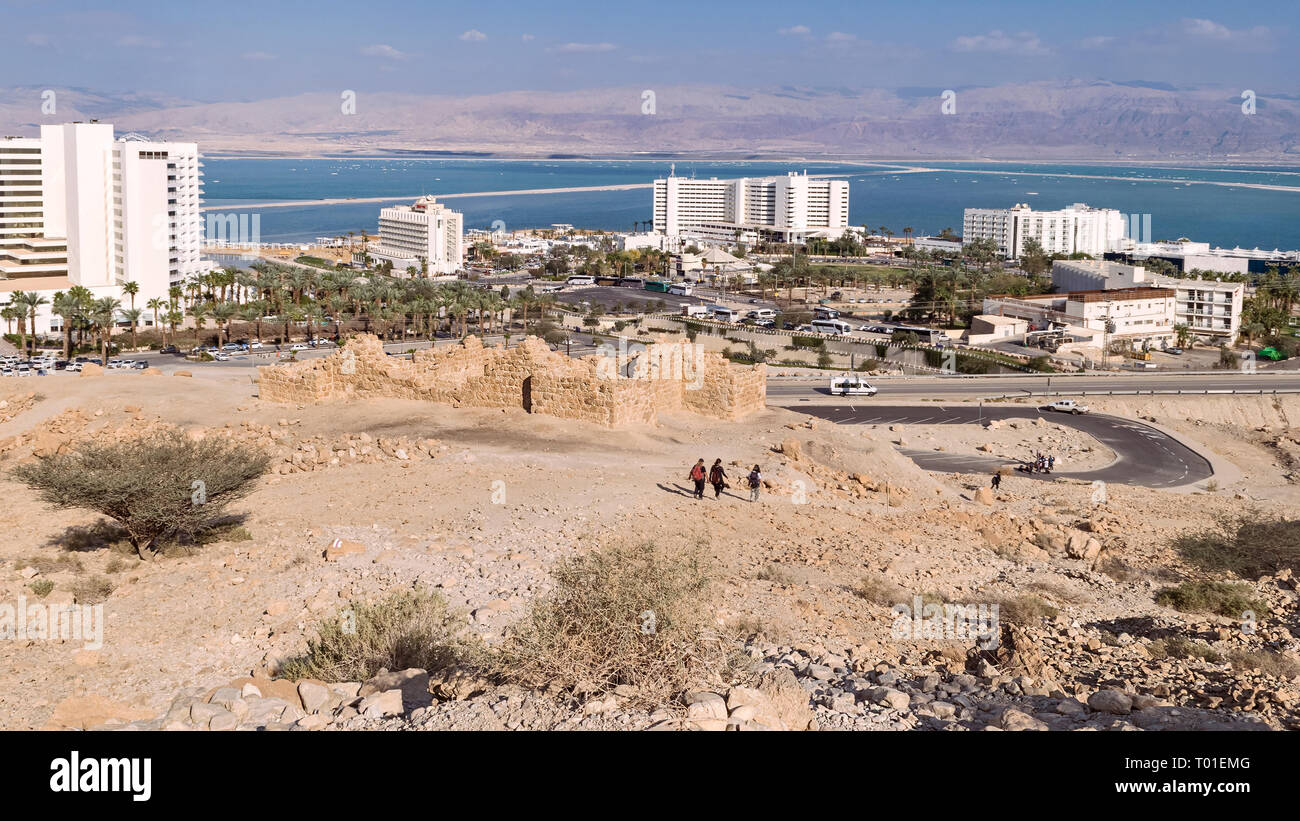 an ancient roman fort sits on the mountainside above the resort hotel ...
