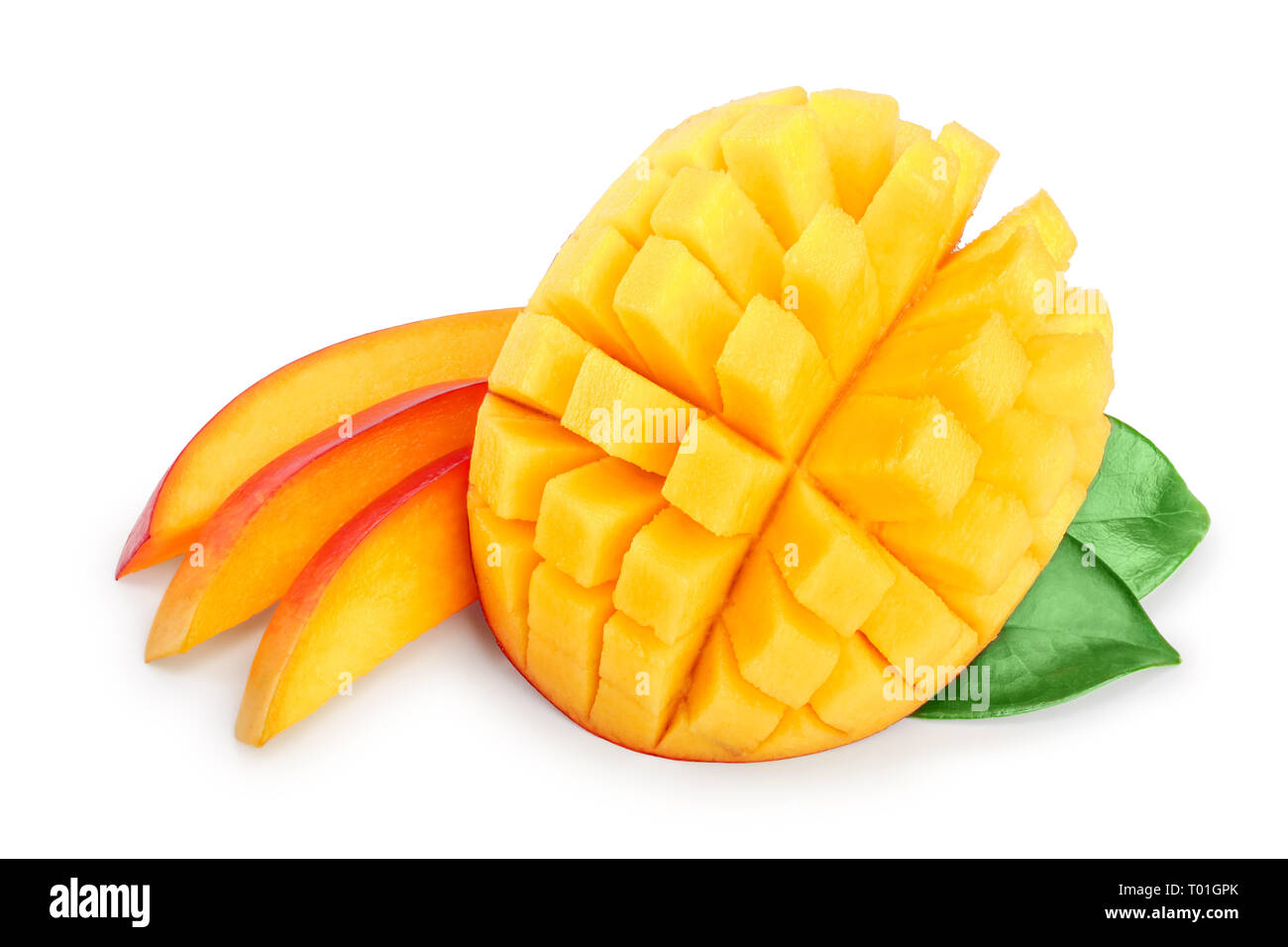 Mango fruit half with leaves and slices isolated on white background ...