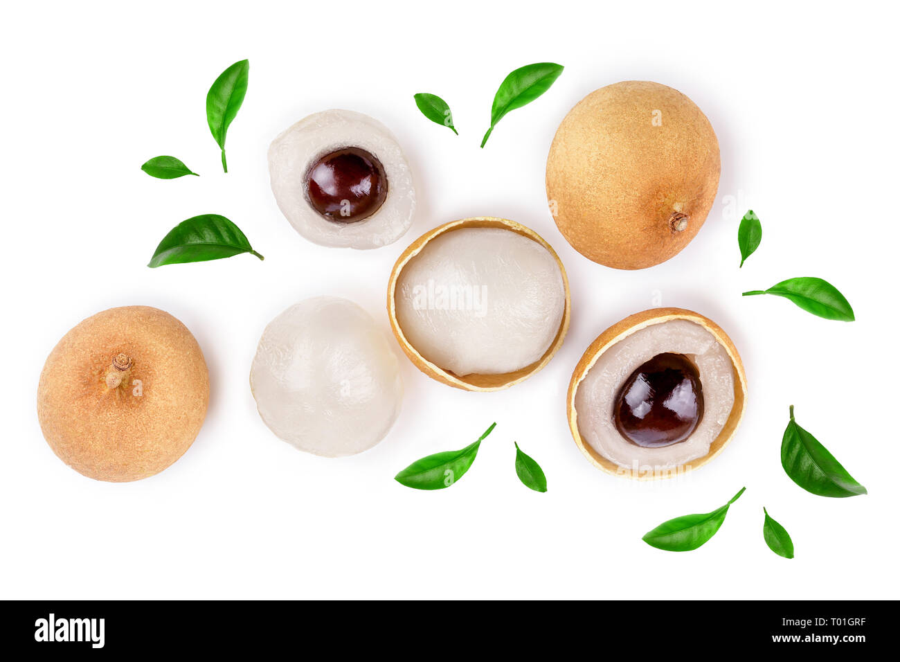 Fresh longan fruit with leaves isolated on white background. Top view ...