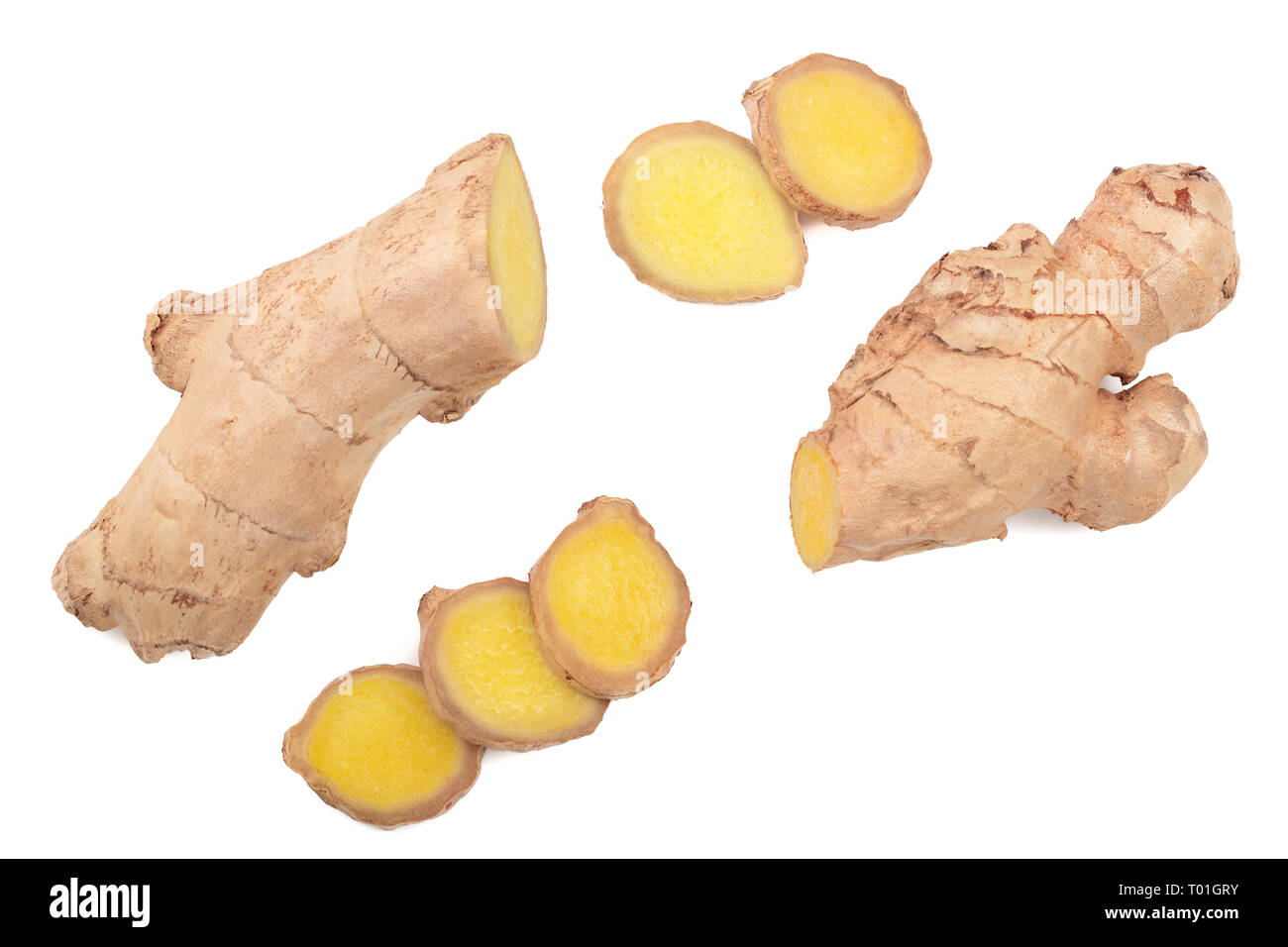 fresh Ginger root and slice isolated on white background. Top view ...