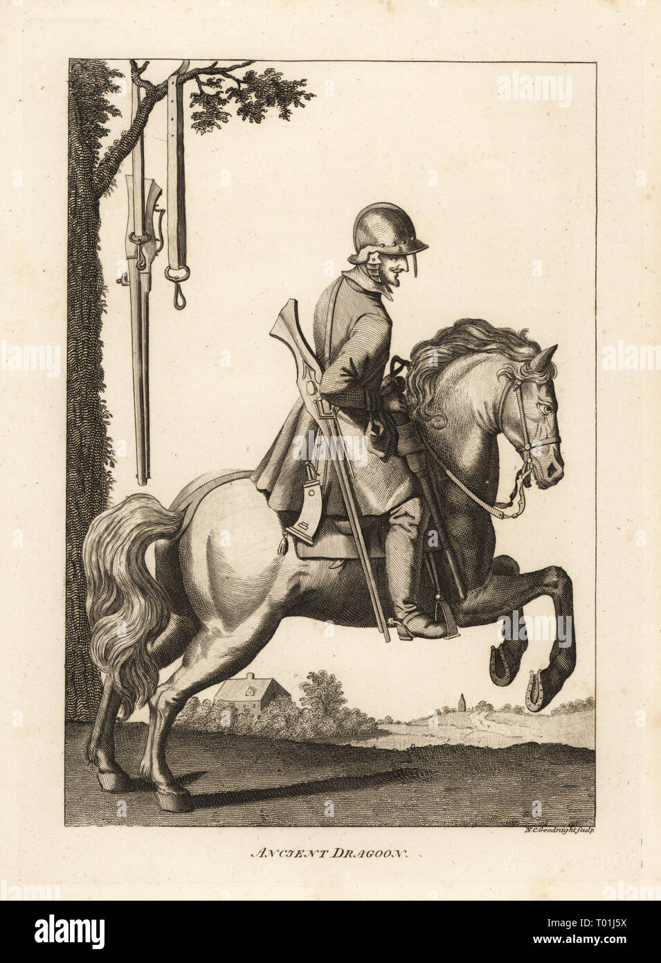 Ancient Dragoon on horseback with helmet, musket and gunpowder horn ...