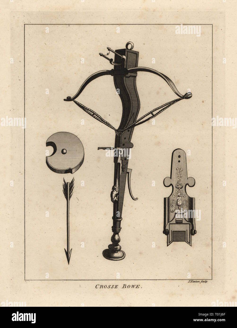 Crossbow and arrow, 17th century. Copperplate engraving by J. Newton ...