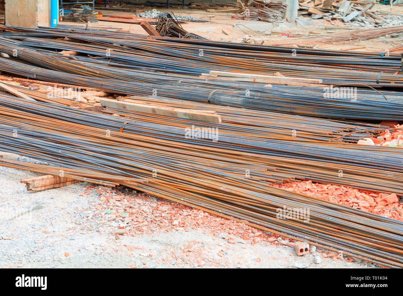 steel bar On the floor soil in construction site Stock Photo - Alamy