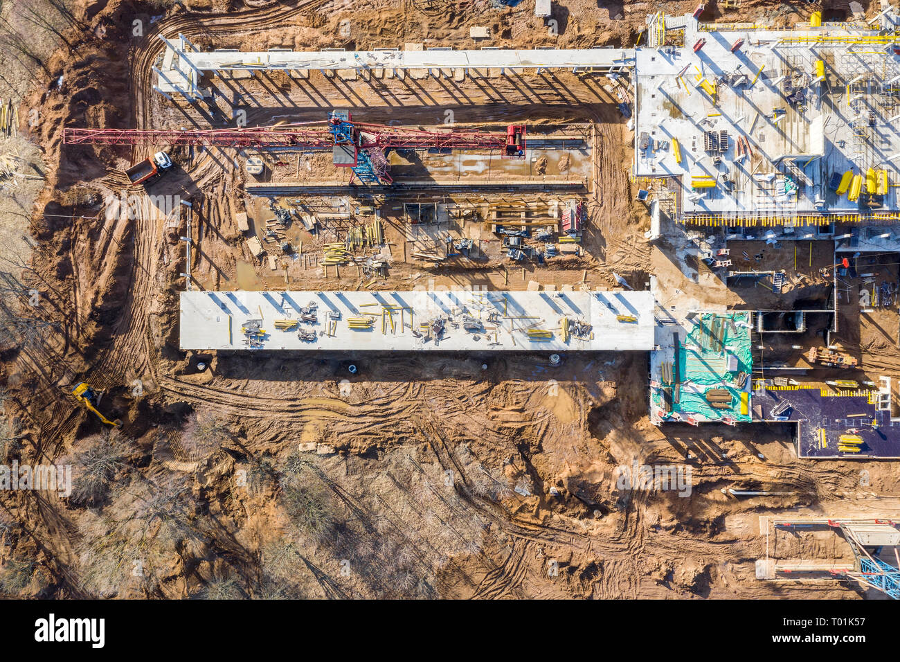 aerial top view of construction site background with tower cranes and ...