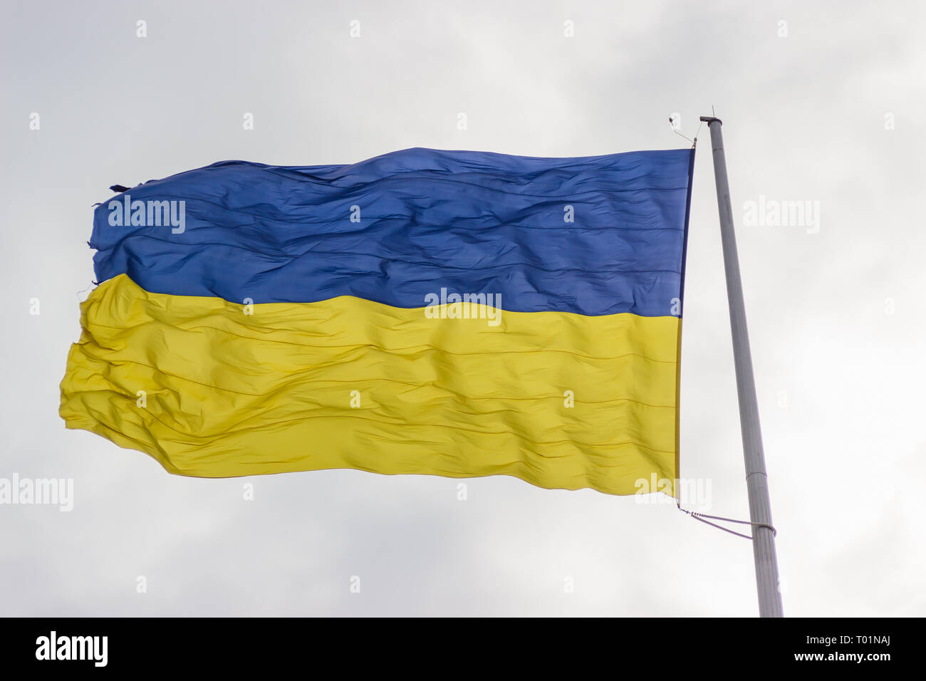 The flag of Ukraine flutters in the wind on a high flagpole in Dnipro ...