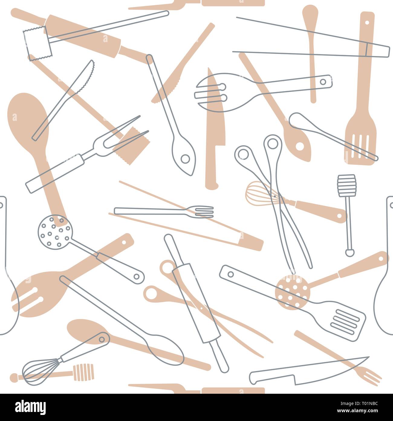 Cooking utensils brown silhouette and gray outlines seamless pattern ...