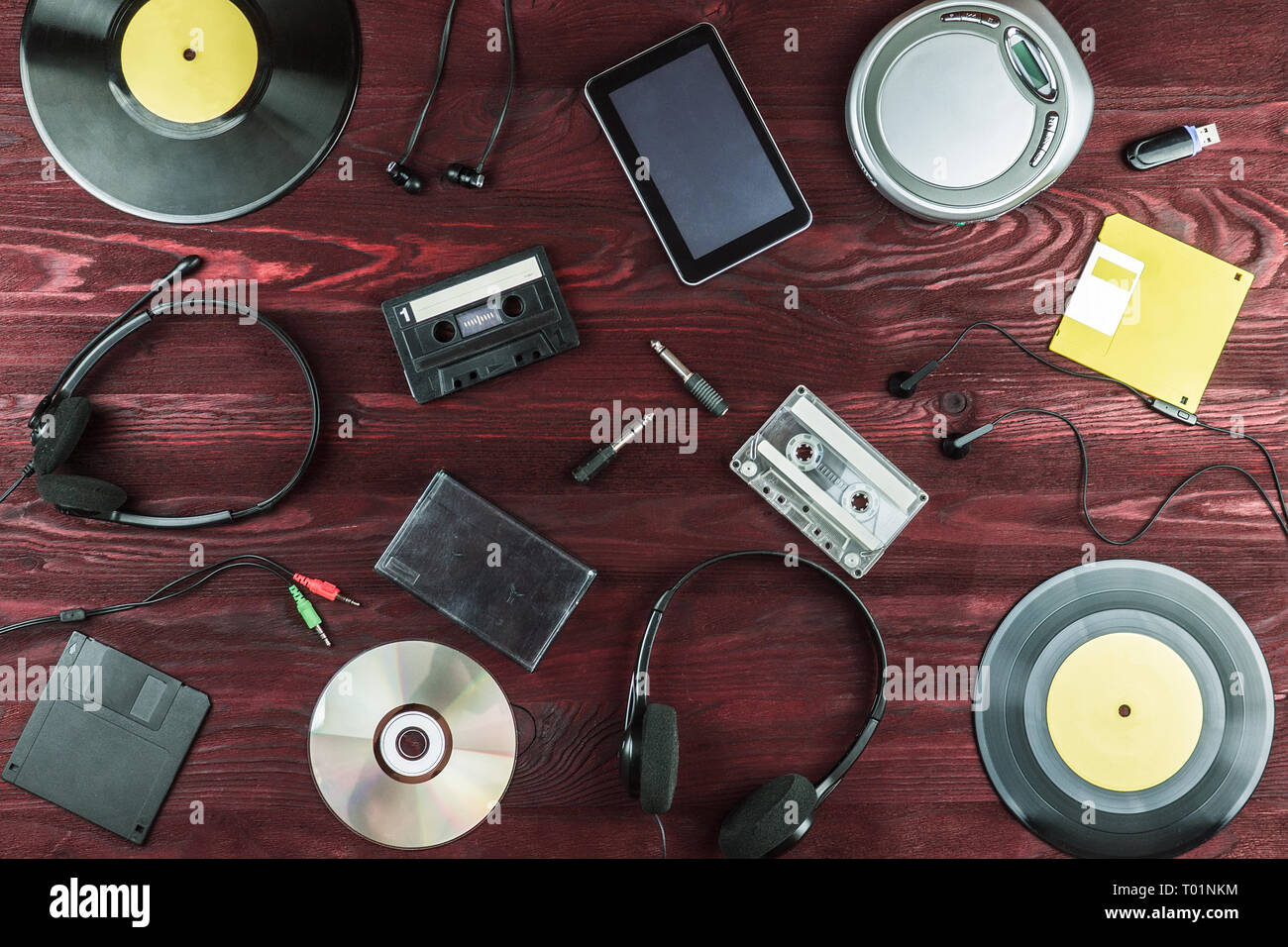 objects for audio recordings on a red background Stock Photo - Alamy