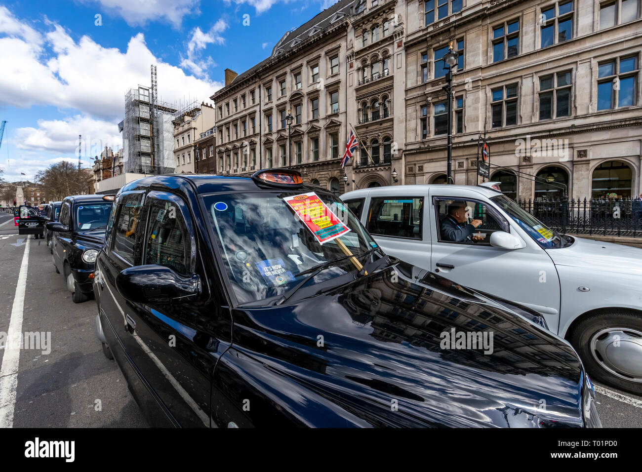 London Black cab taxi drivers strike. Black cabs blockade Parliament ...
