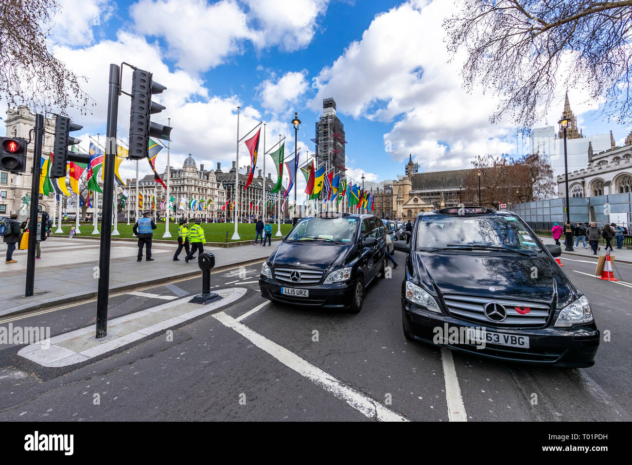 London Black cab taxi drivers strike. Black cabs blockade Parliament ...