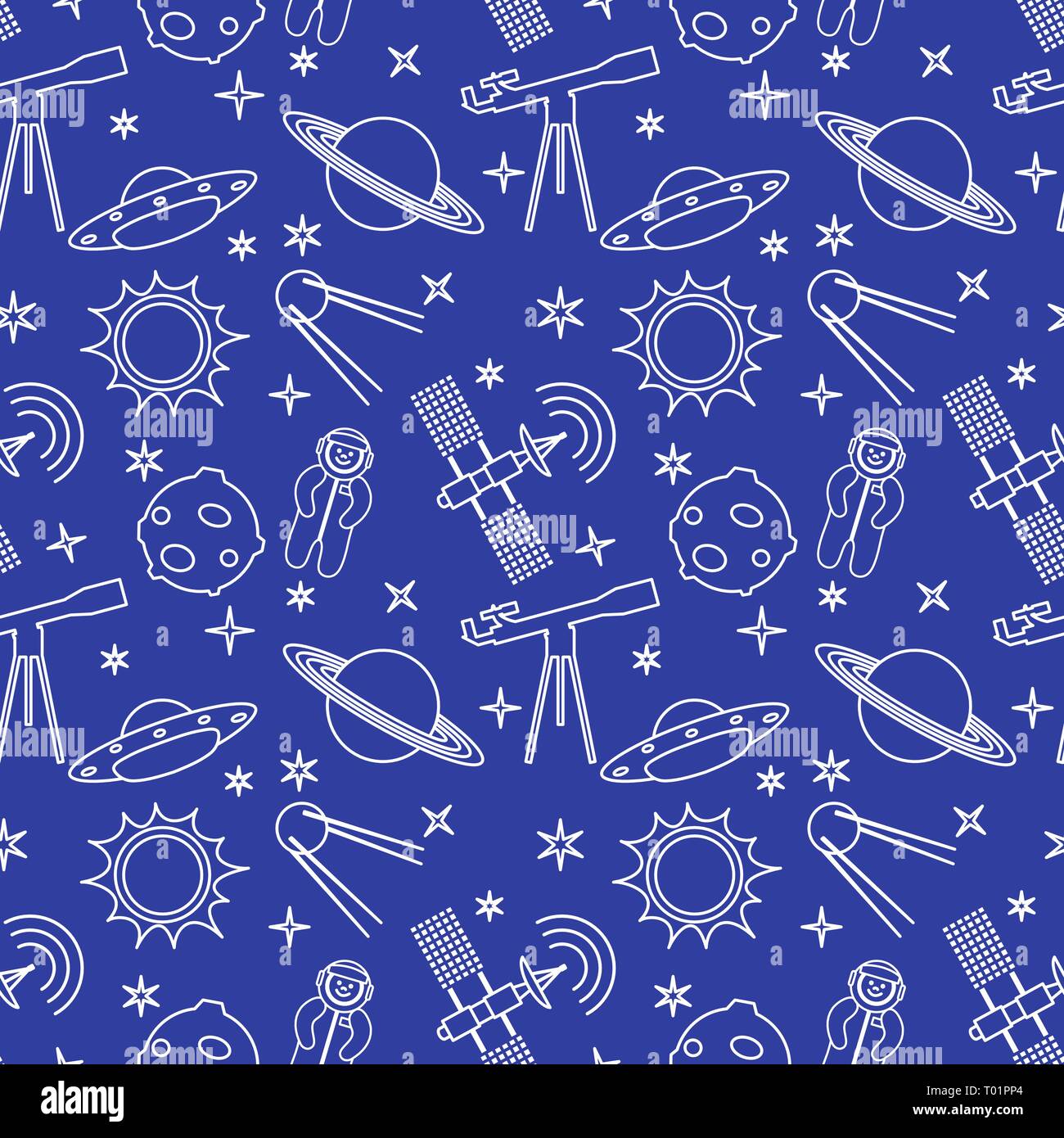 Seamless pattern with telescope, UFO, satellite, planets, astronaut ...