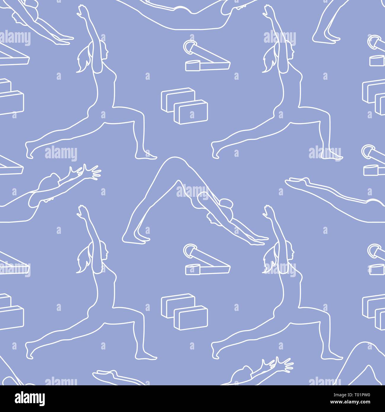 Seamless pattern with women in yoga poses, blocks, belt for yoga. Relax ...