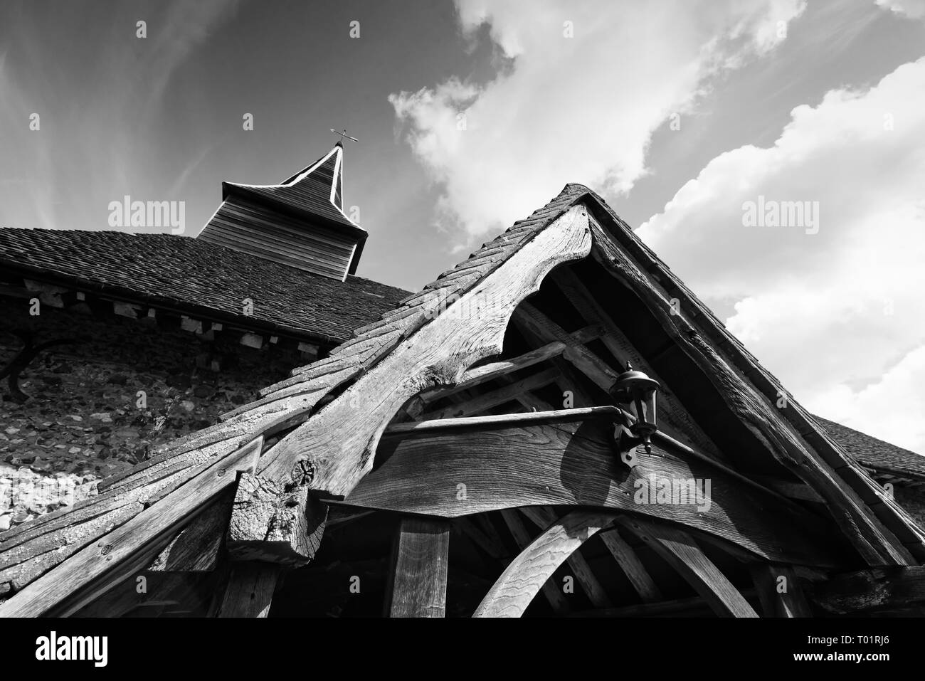 Sinister creepy looking church steeple and roof in an expressionistic ...