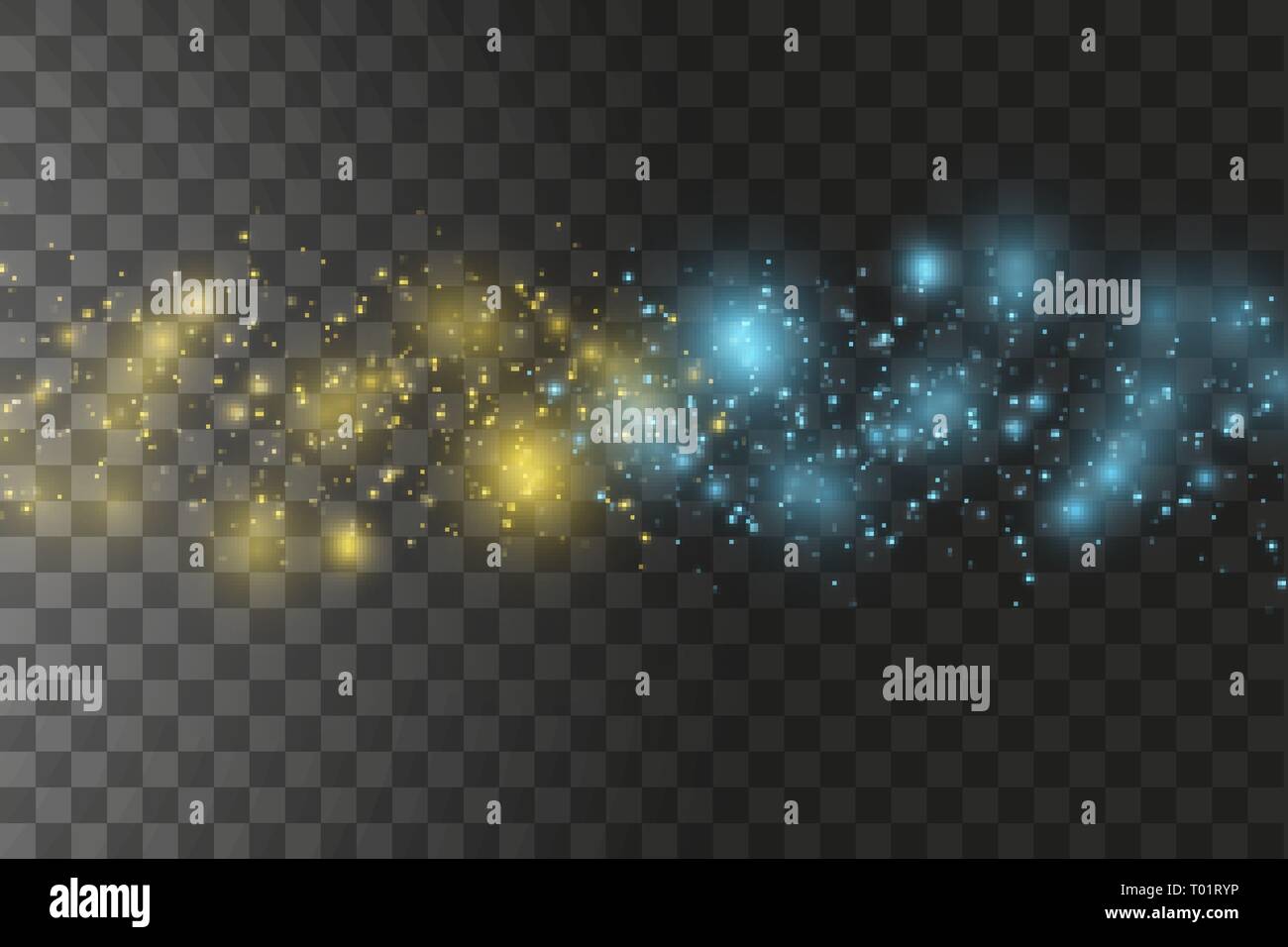 Collision of two forces with gold and blue light on transparent ...
