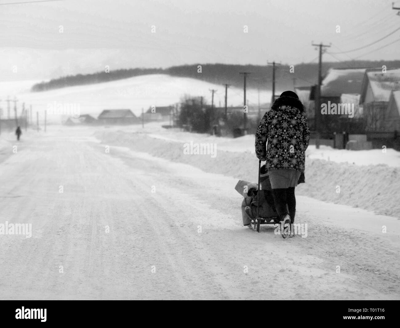 Woman pushing a child in a sled during a winter snow storm and blizzard ...