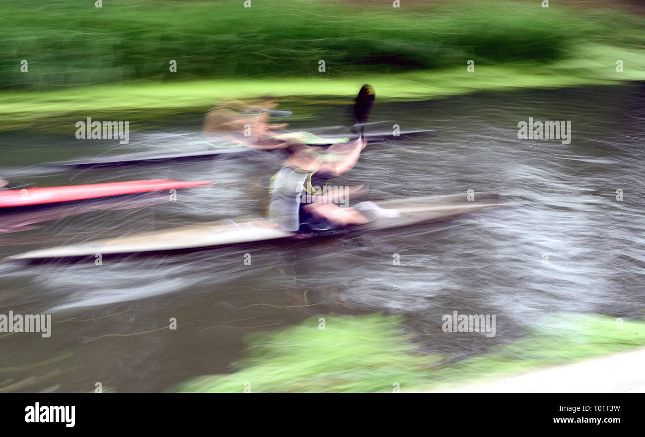 Two rowers moving at speed along a river with intentional blurred ...
