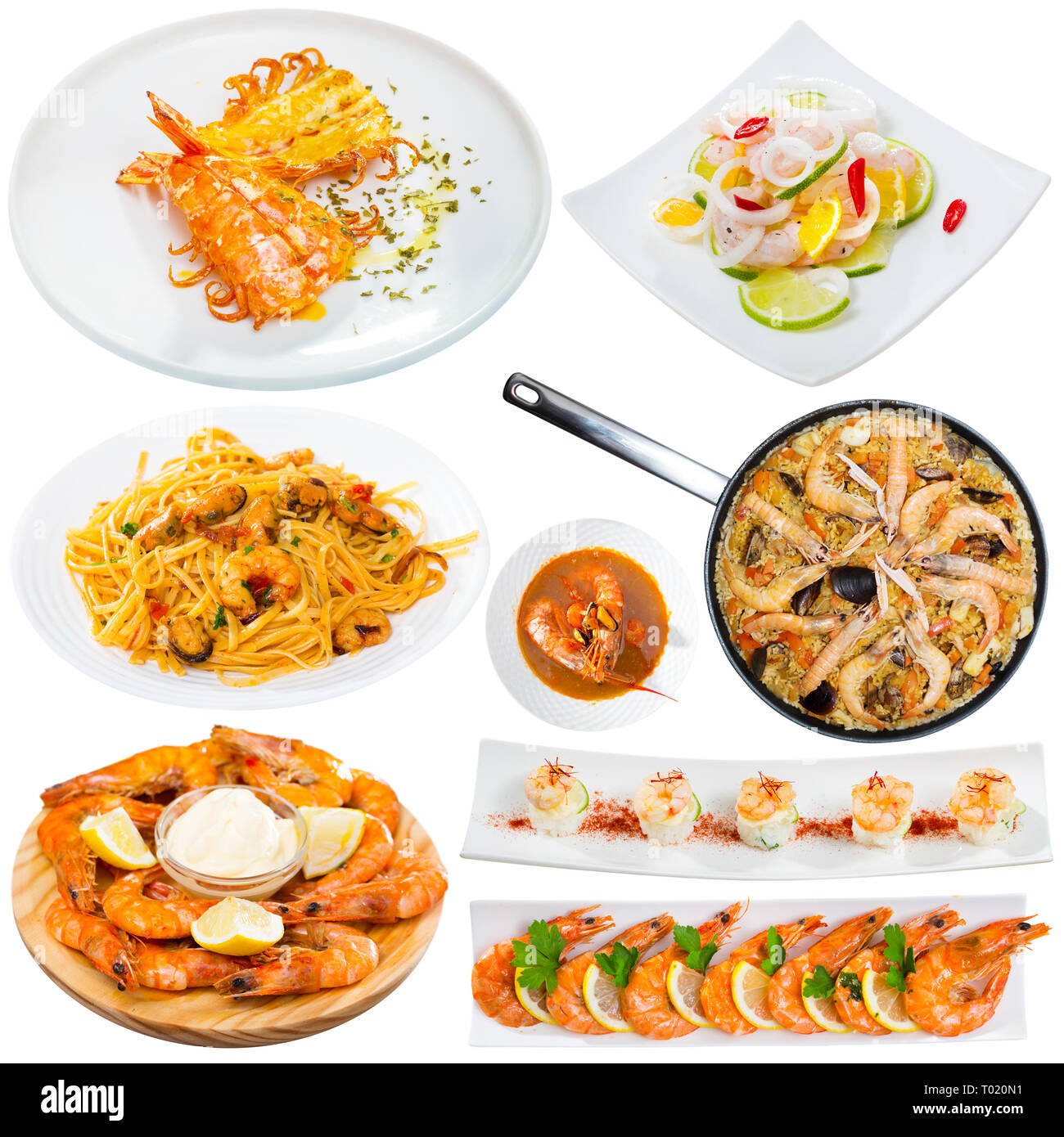 Collage of different tempting dishes cooked with prawns isolated on ...
