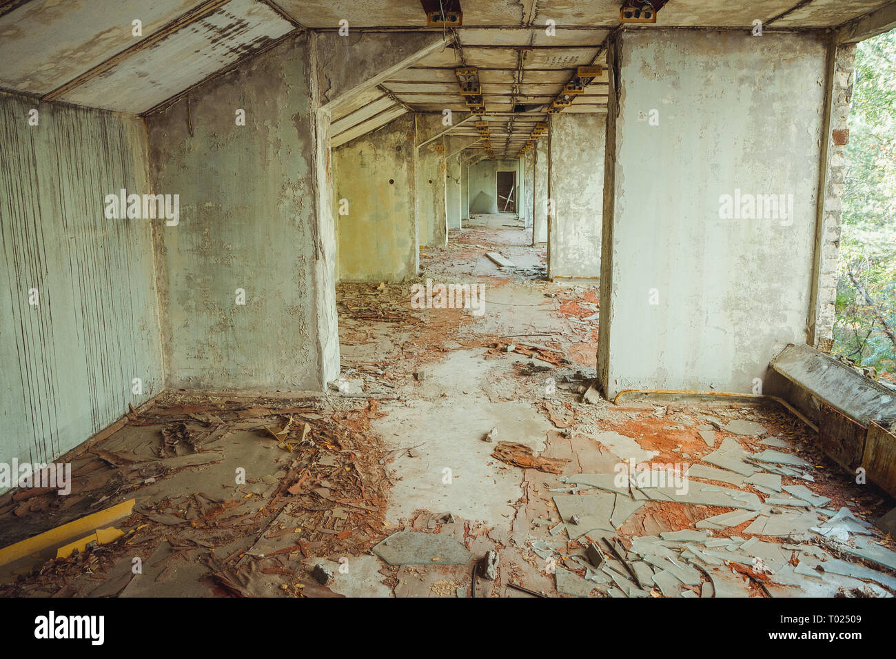 Old football stadium in Chornobyl exclusion zone. Radioactive zone in ...