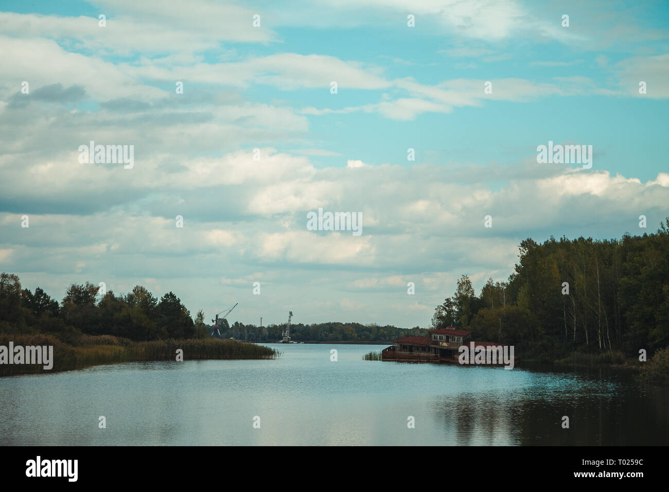 Abandoned river port in Chornobyl exclusion zone. Radioactive zone in ...