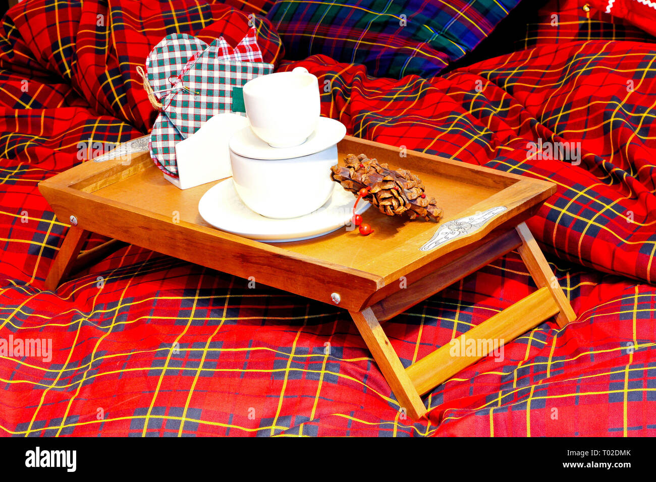 Wooden breakfast tray on the modern bed Stock Photo - Alamy