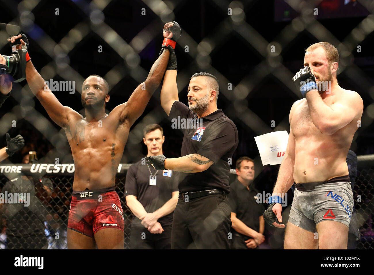London, UK. 16th March 2019. Leon Edwards (Red Corner) defeats Gunnar ...