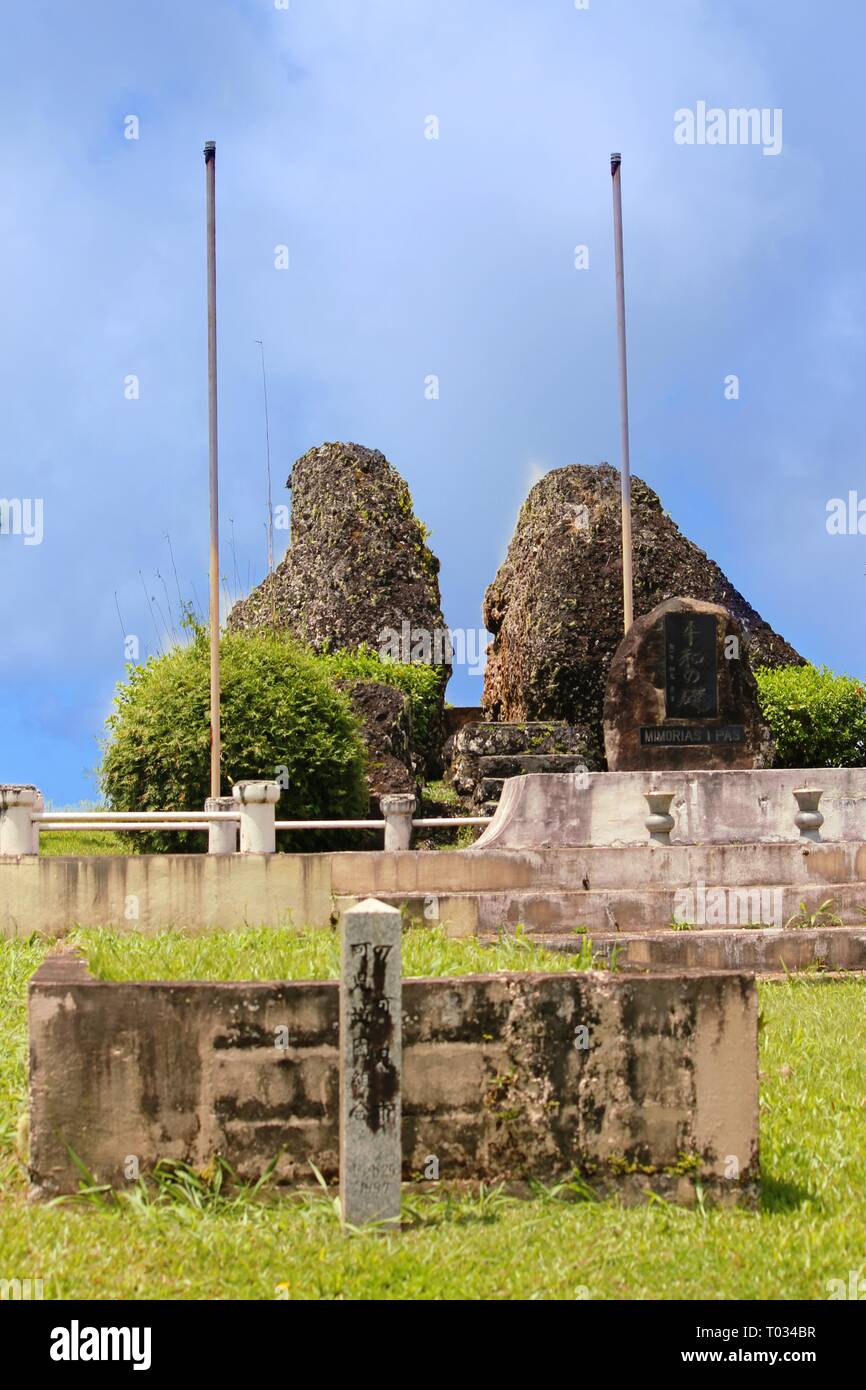 Close up shot of the peace Memorials at the top of Mt Sabana, Rota ...