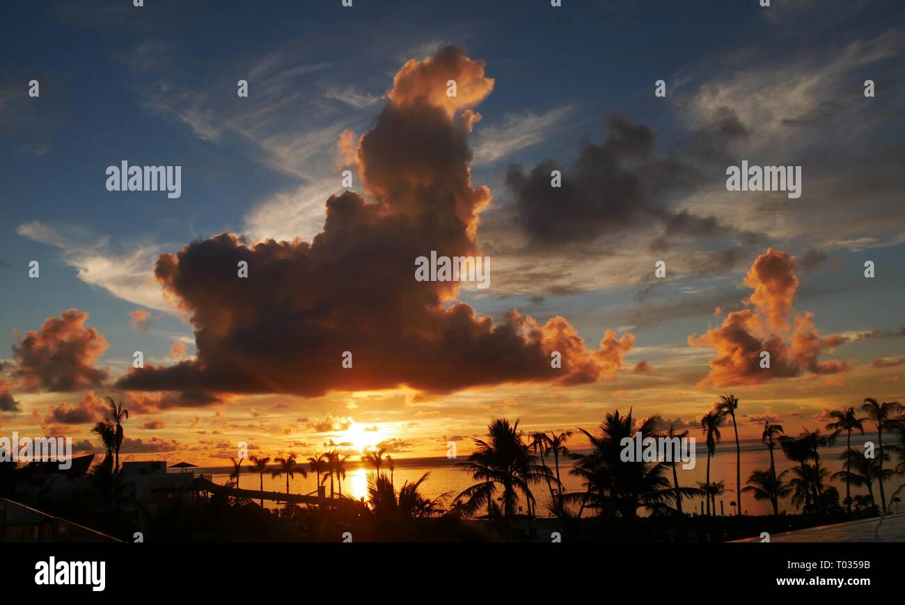 Beautiful sunset with flaming clouds over a beach with palm trees in a ...