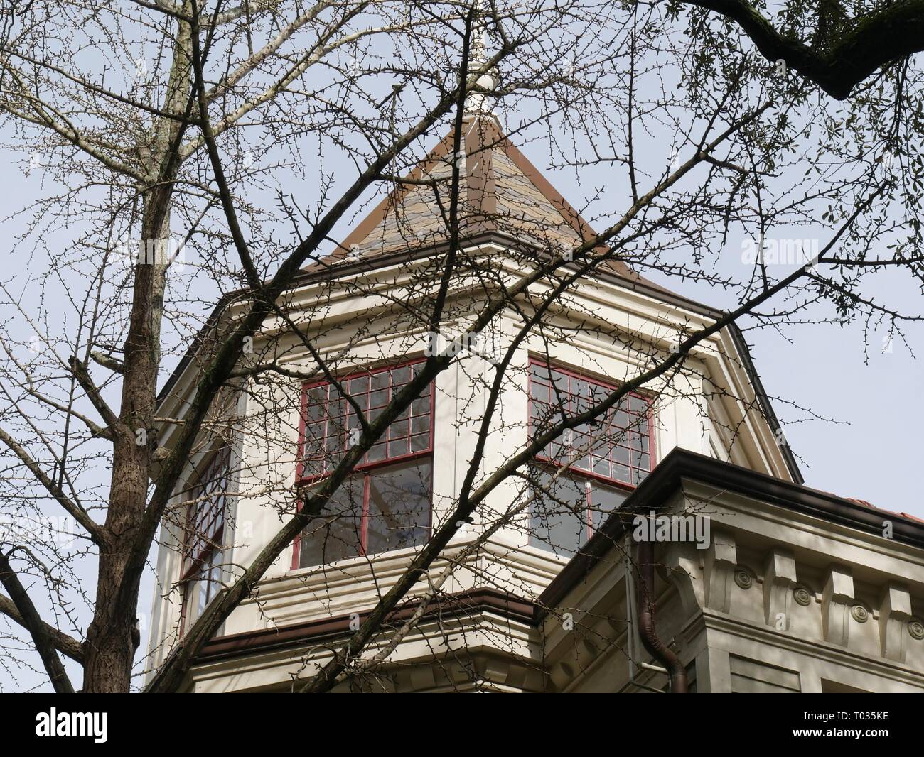 Close up shot of the turret of a colonial house along the historic ...