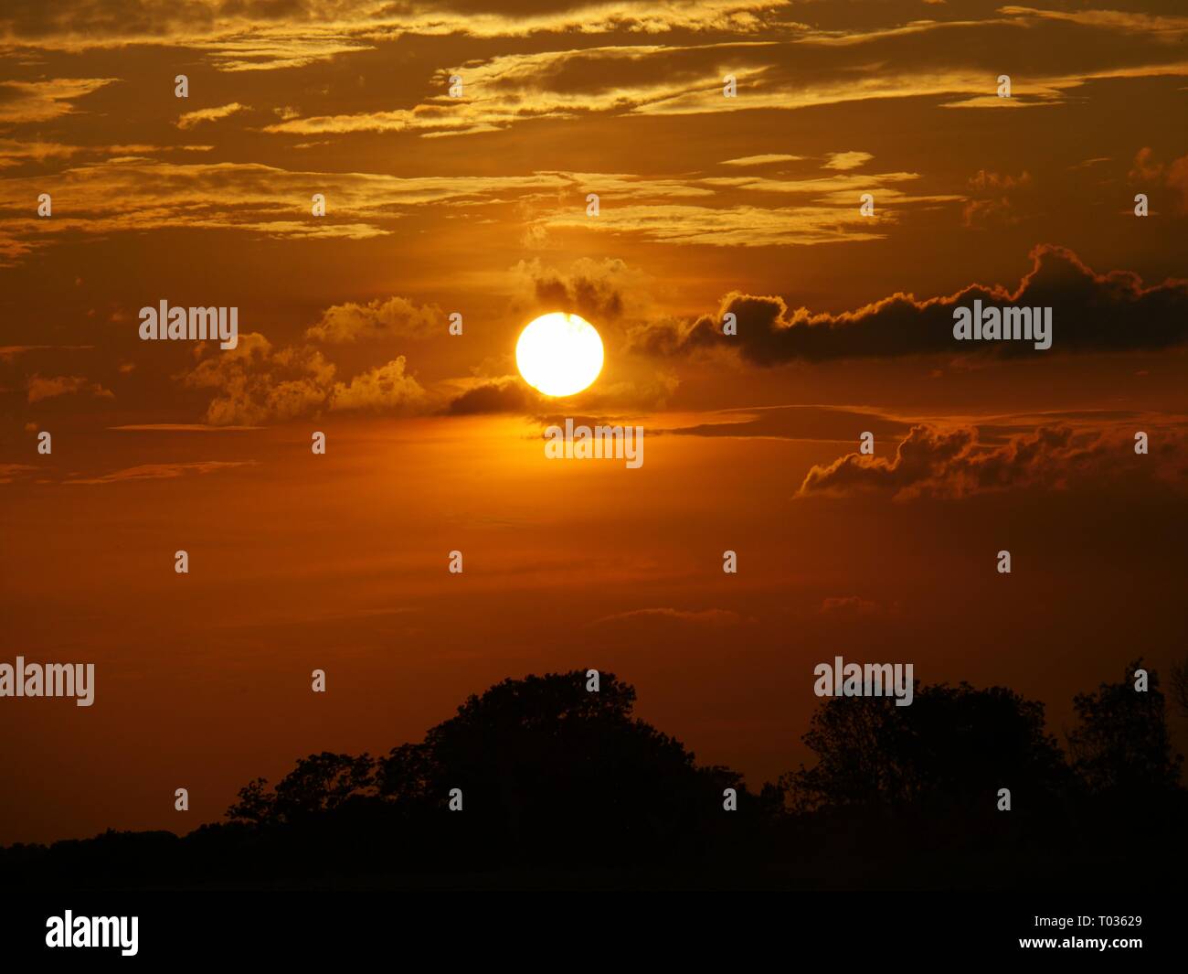 Big round sun setting down in the horizon with a backdrop of flaming ...