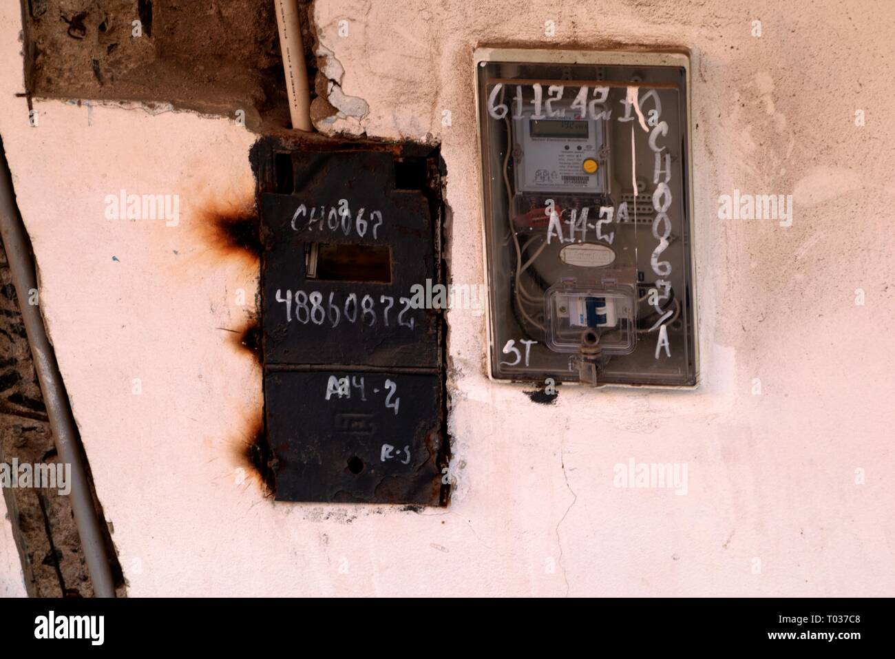 Chimbote, Peru - April 17, 2018: Two domestic electricity meters ...