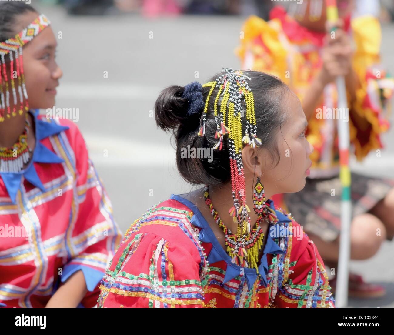 DAVAO CITY, PHILIPPINES—AUGUST 2014: Two girls in ethnic costumes and ...