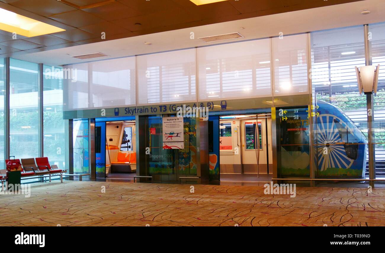 CHANGI AIRPORT, SINGAPORE—MARCH 2016: Gate to the Skytrain for terminal ...