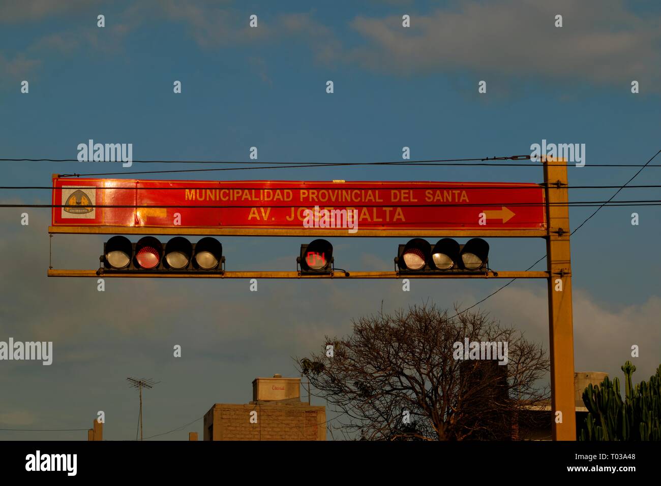 Chimbote, Peru - April 12, 2018: Road sign with red traffic lights for ...