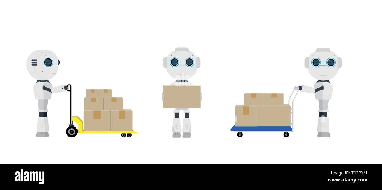 Set of warehouse robot with cardboard boxes and handcart vector ...