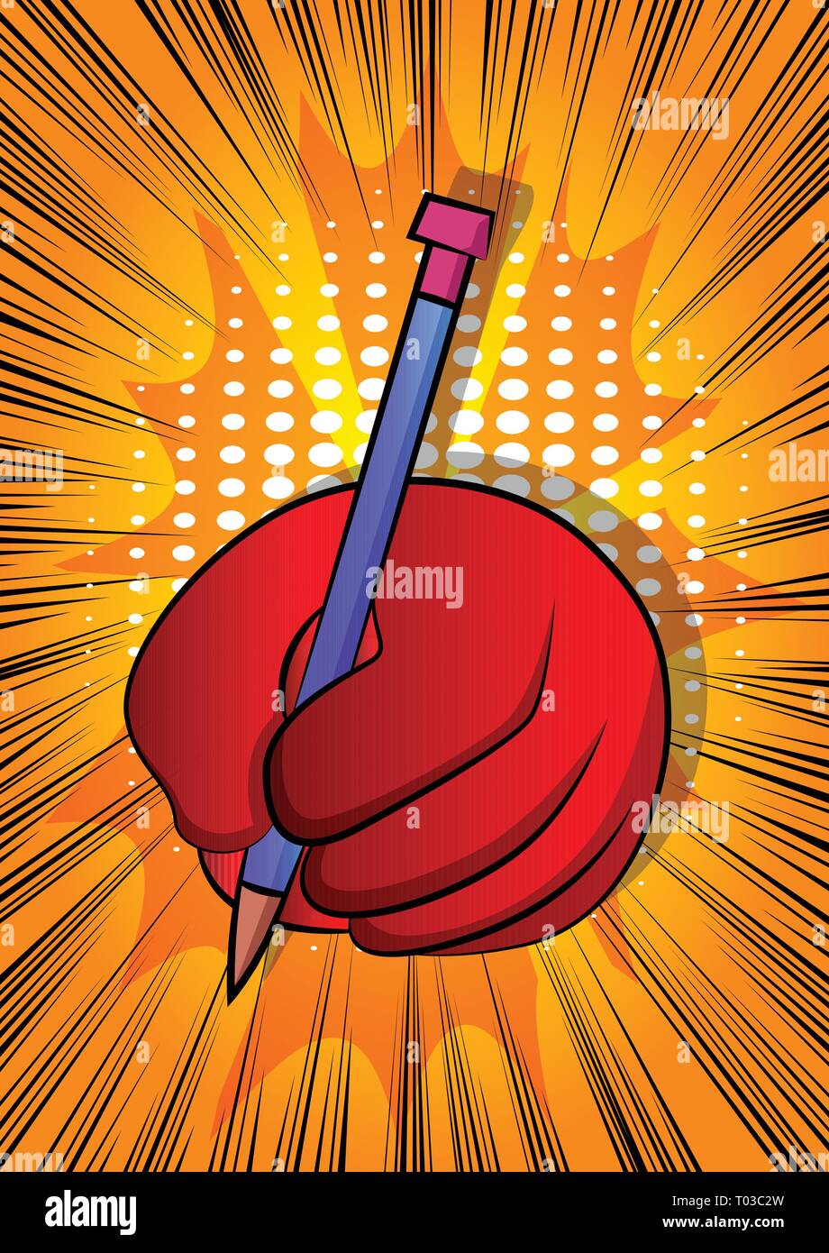 Vector cartoon hand writing with pencil. Illustrated sign on comic book ...