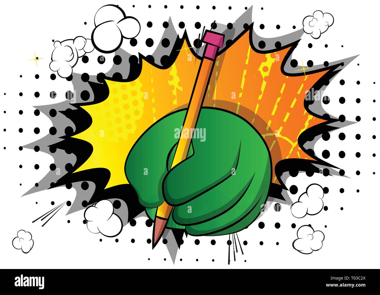 Vector cartoon hand writing with pencil. Illustrated sign on comic book ...