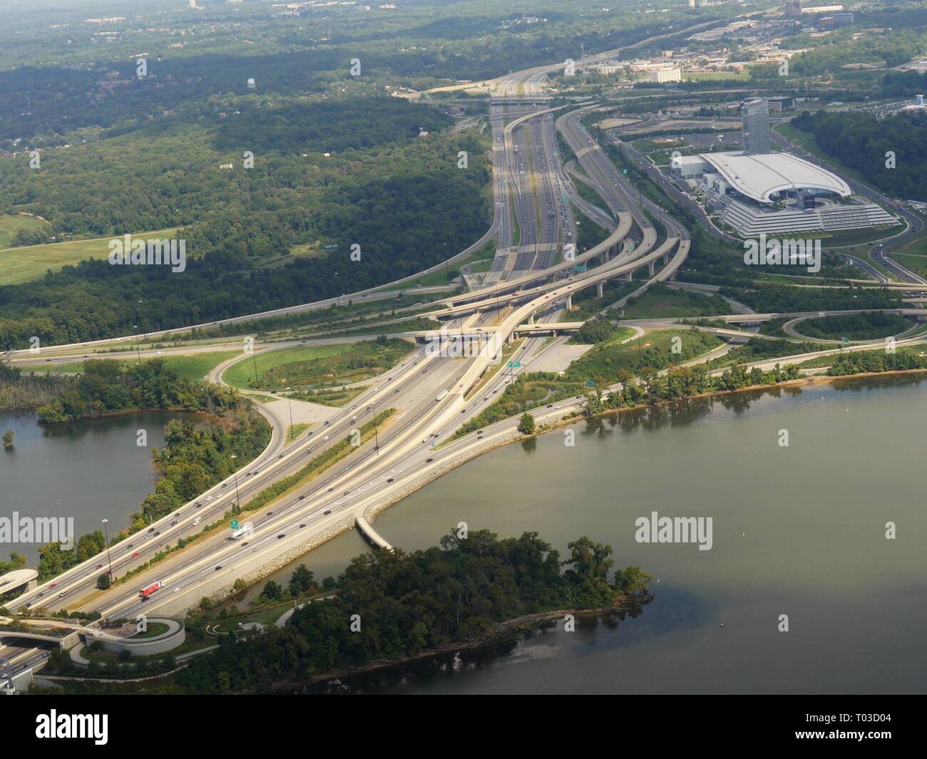 Medium close aerial view of the Woodrow Wilson Bridge that links the ...