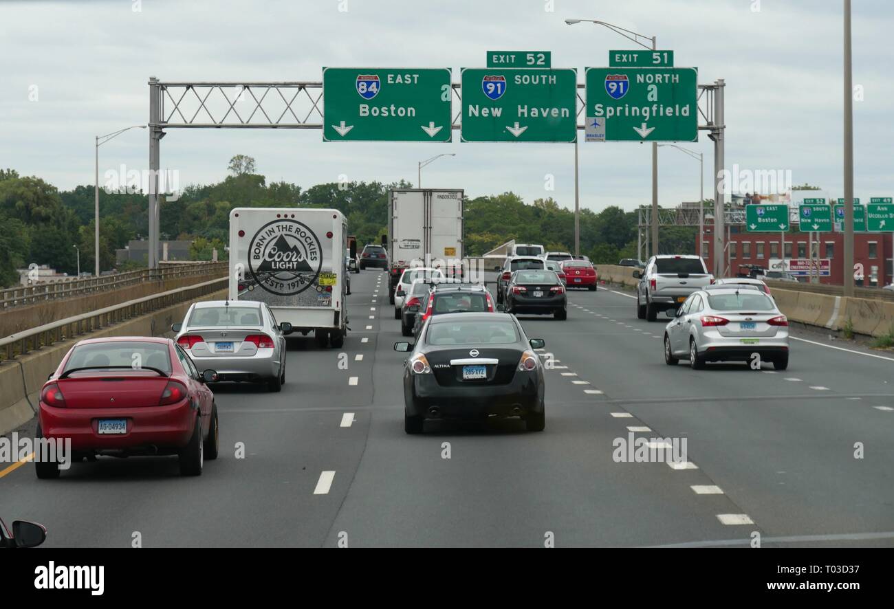 BOSTON, MASSACHUSETTS—SEPTEMBER 2017: Road signs at an interstate ...