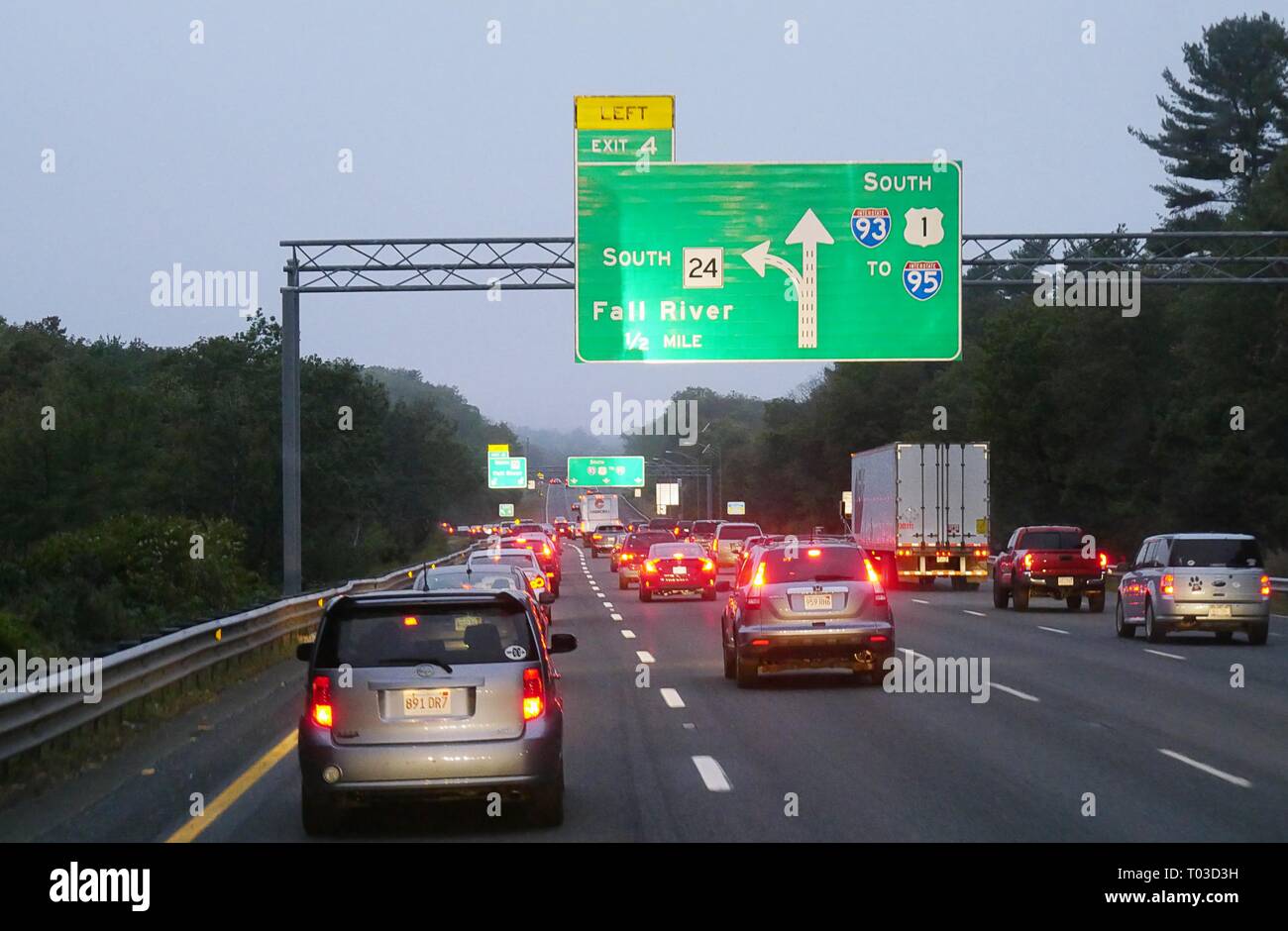 FALL RIVER, MASSACHUSETTS—SEPTEMBER 2017: Heavy traffic on a four-lane ...