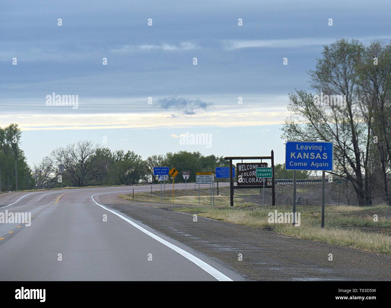 Directional signs Road signs at the border of Kansas and Colorado in ...