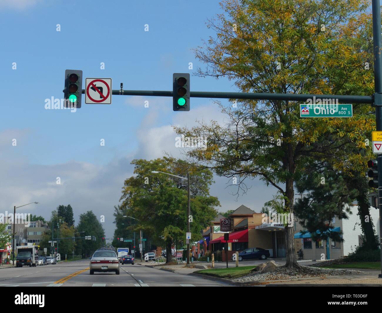 DENVER, COLORADO—OCTOBER 2017: Traffic light at an intersection in Ohio ...