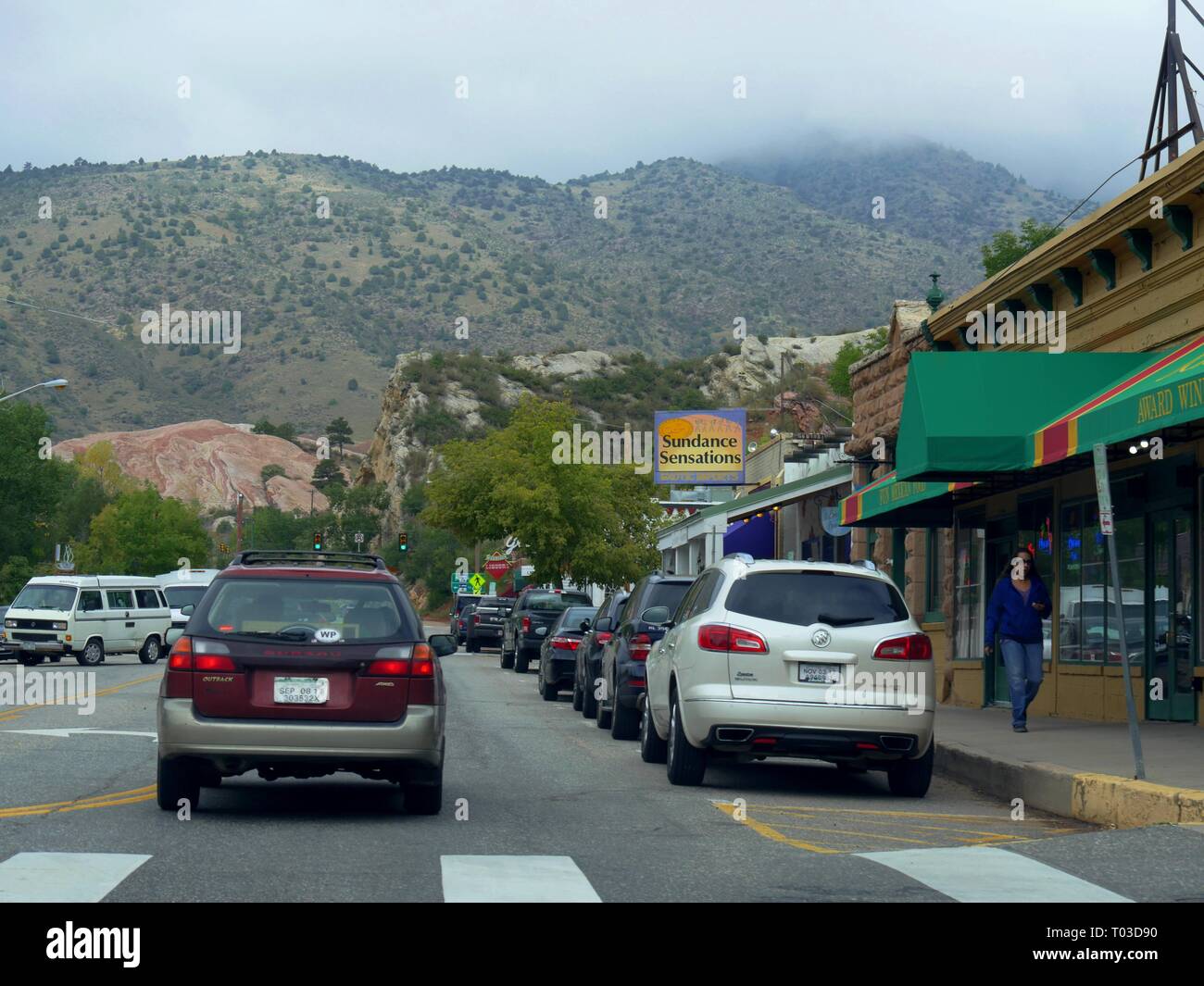 MORRISON, COLORADO—OCTOBER 2017: Cars line up in the road in an early ...