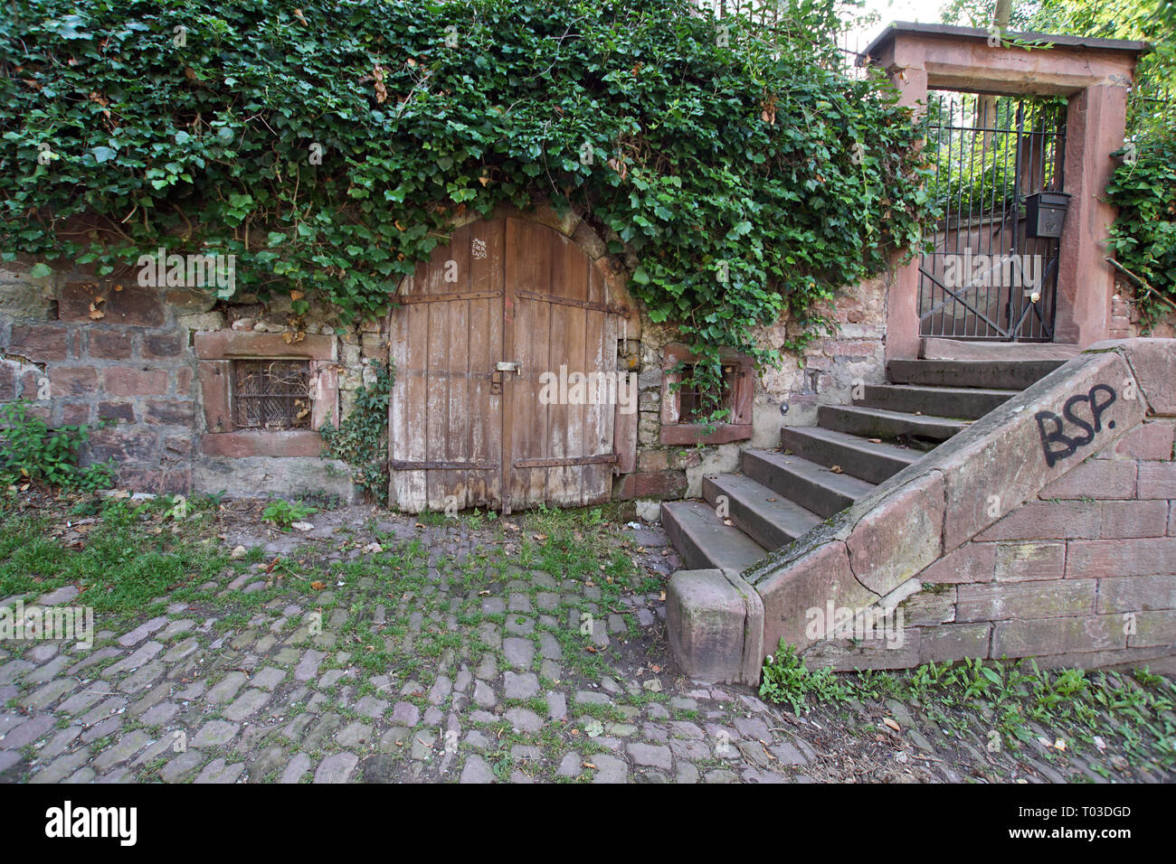 old dilapidated wooden gate with stone staircase at Heidelberg Castle ...