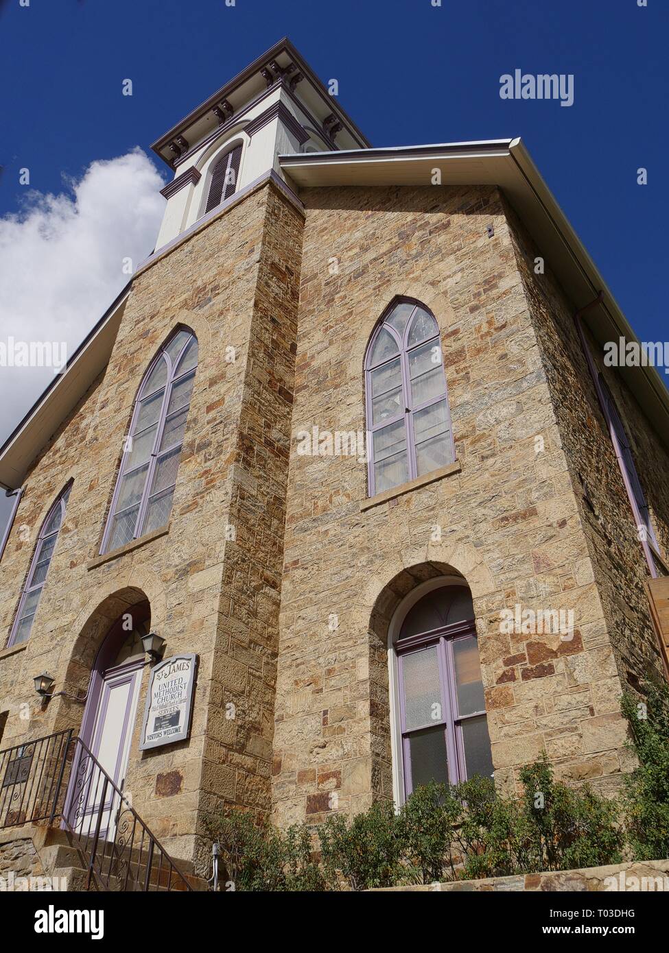 Close up upward shot of the United Methodist Church in Central City, an ...