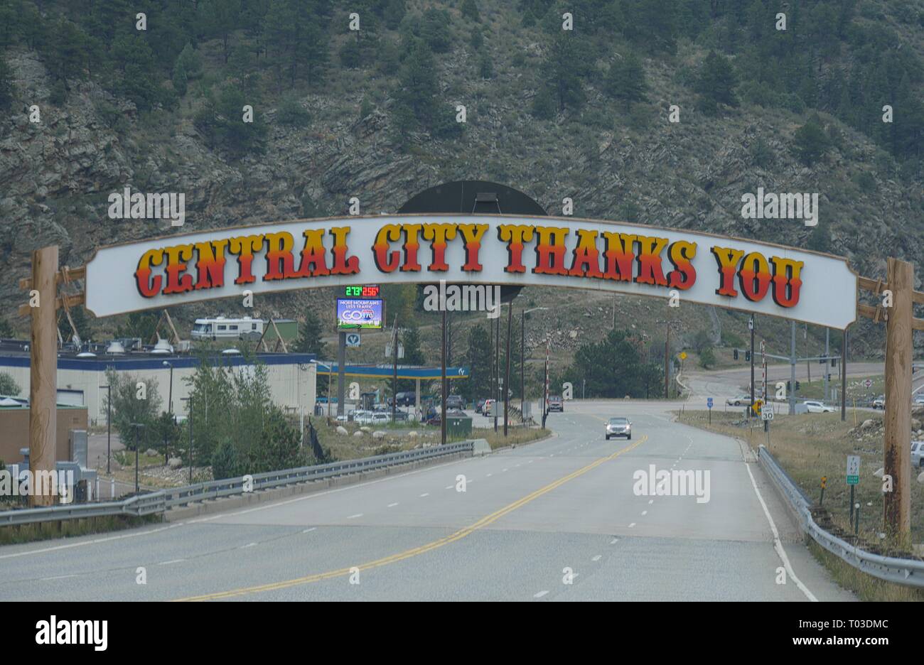 CENTRAL CITY, COLORADO—OCTOBER 2017: White arc sign at the exit ...
