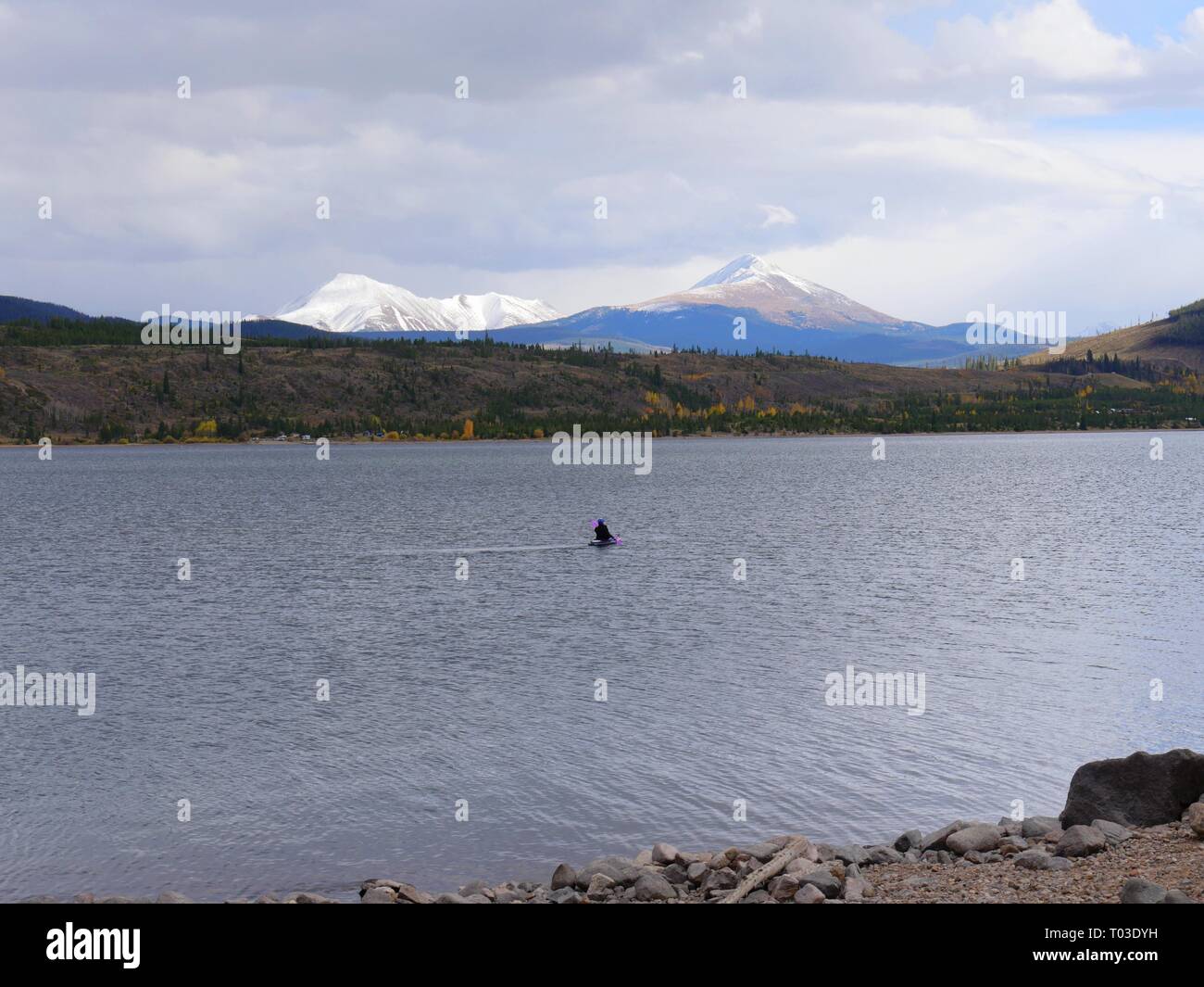 Wide shot of Dillon Lake or Dillon Reservoir with the distant mountains ...
