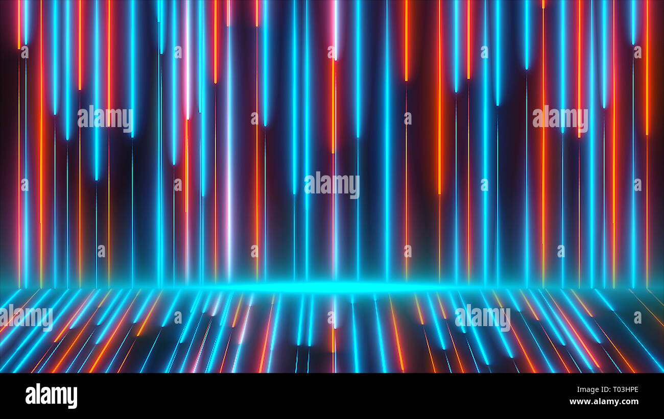 Bright colored neon beams are on wall and floor, modern neon technology ...